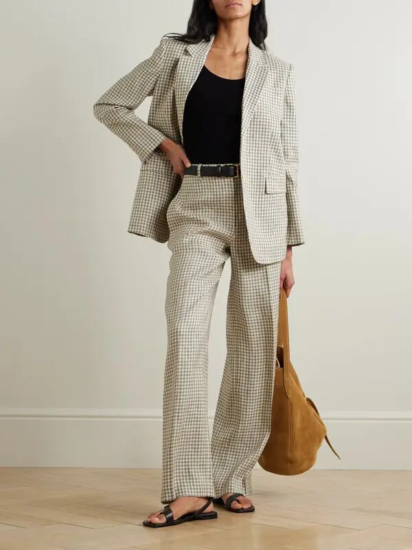 Theory Checked Linen-blend Wide-leg Pants