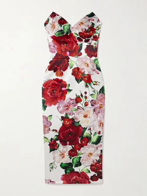 Dolce & Gabbana Strapless Floral-print Satin Midi Dress - Red
