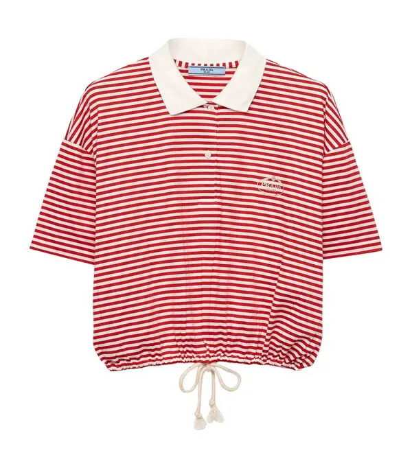Prada Cotton Striped Cropped Polo Shirt With Embroidered Emblem - Red