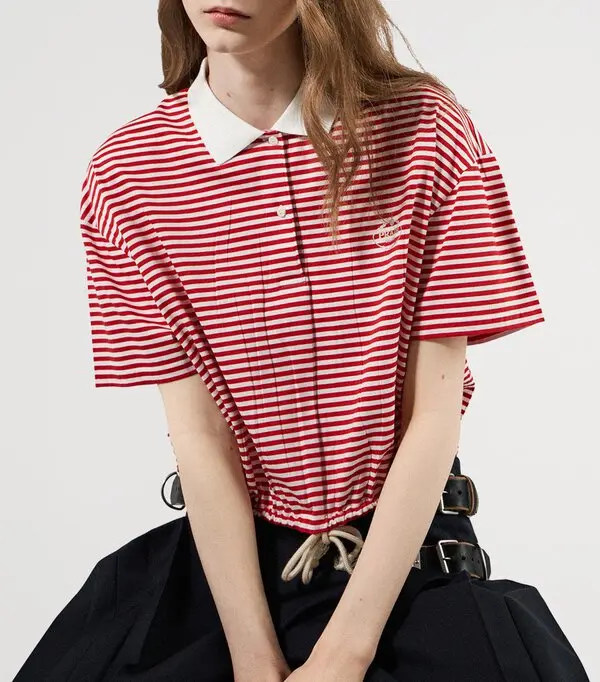 Prada Cotton Striped Cropped Polo Shirt With Embroidered Emblem - Red