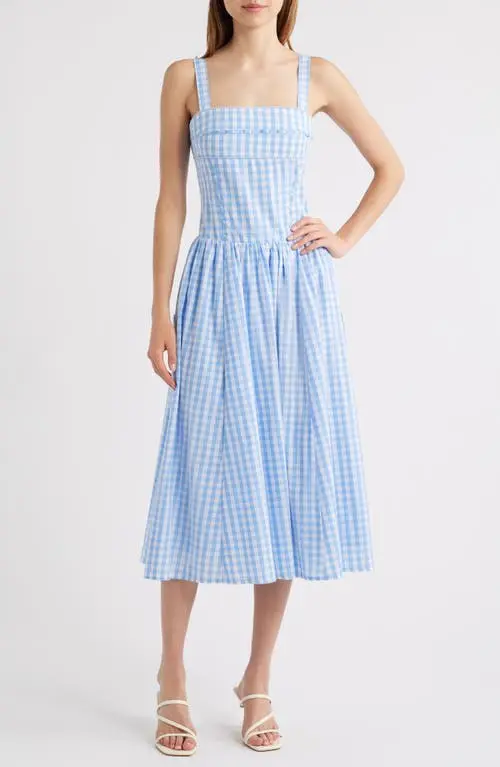 Moon River Cotton Gingham Midi Dress - Light Blue | Editorialist