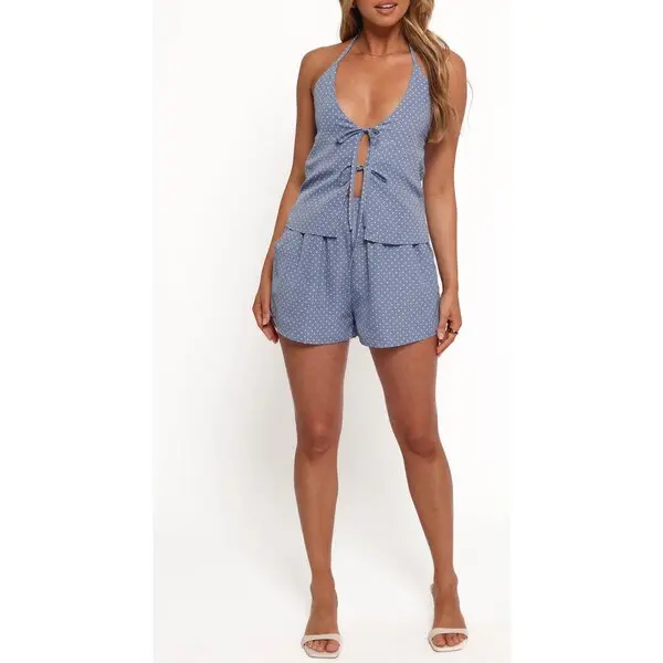 PETAL & PUP Beau Tie Front Halter Top & Shorts Set - Blue Dot