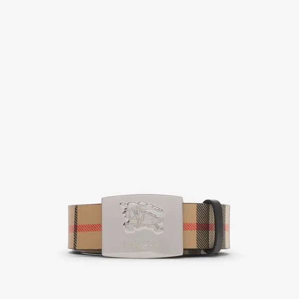 Burberry Reversible Check Belt With Knight Stamp Buckle - Sand Beige/black