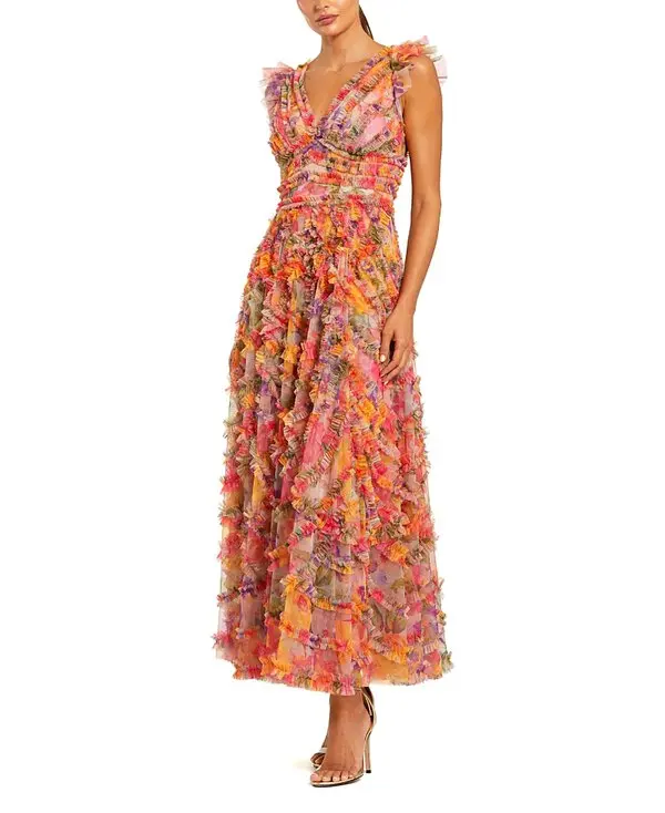 Mac Duggal Floral Mesh Ruffle V-neck Ankle Dress