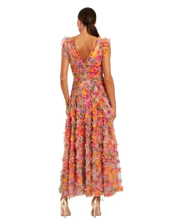 Mac Duggal Floral Mesh Ruffle V-neck Ankle Dress