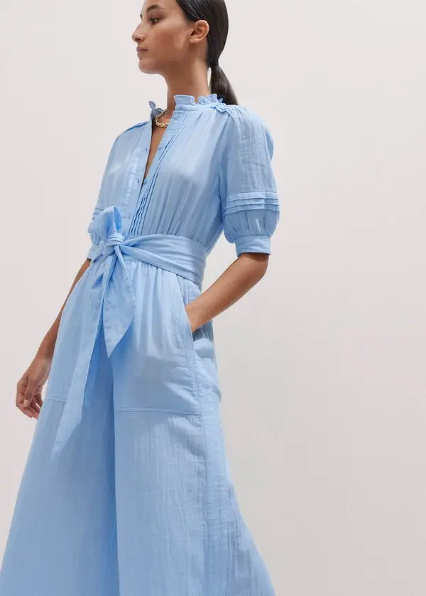 ME+EM Cheesecloth Frill Detail Crop Jumpsuit + Belt - Cloud Chambray Blue