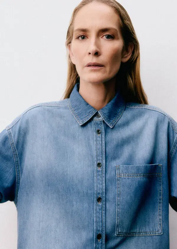 ME+EM Lightweight Denim Cropped Shirt - Washed Blue