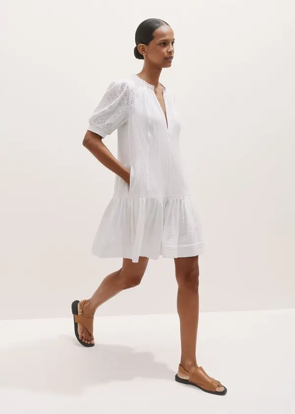 Embroidered Cheesecloth Short Dress - Soft White