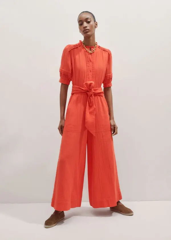 ME+EM Cheesecloth Crop Jumpsuit With Frill Detail And Belt - Papaya Orange
