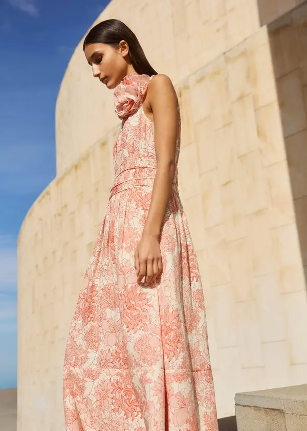 ME+EM Linen-blend Stencil Meadow Print Maxi Dress With Corsage - Light Cream/peach/multi