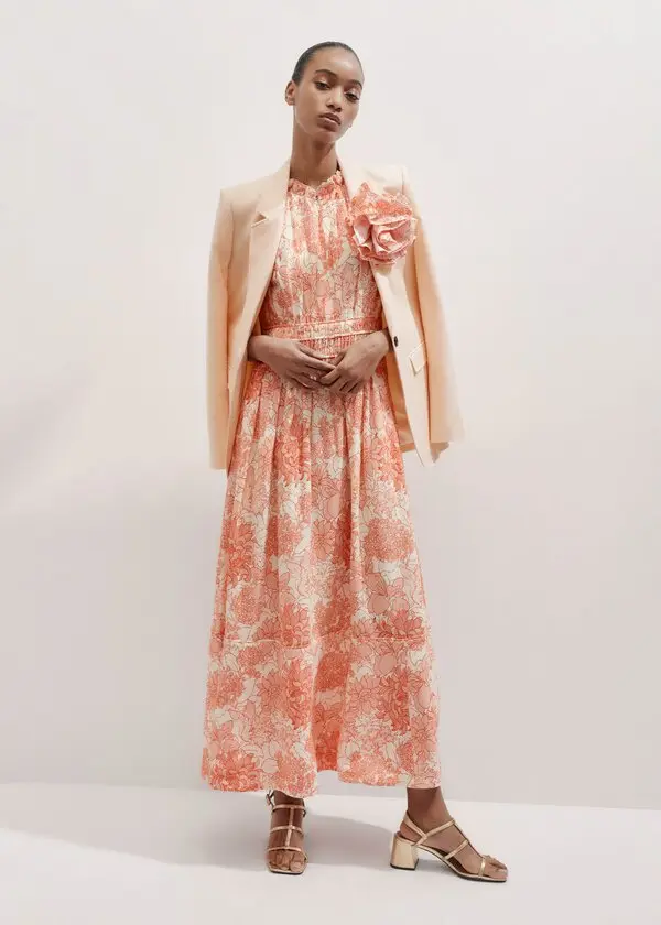 Linen-blend Stencil Meadow Print Maxi Dress With Corsage