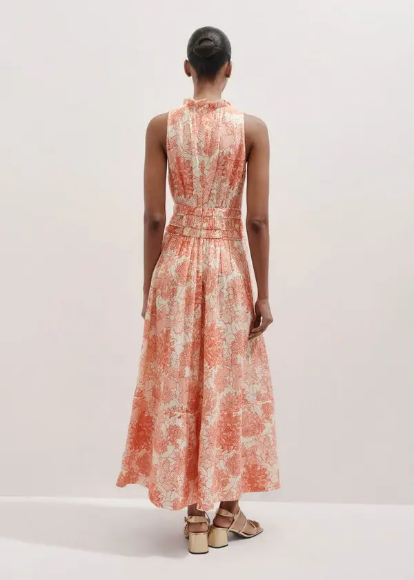Linen-blend Stencil Meadow Print Maxi Dress With Corsage