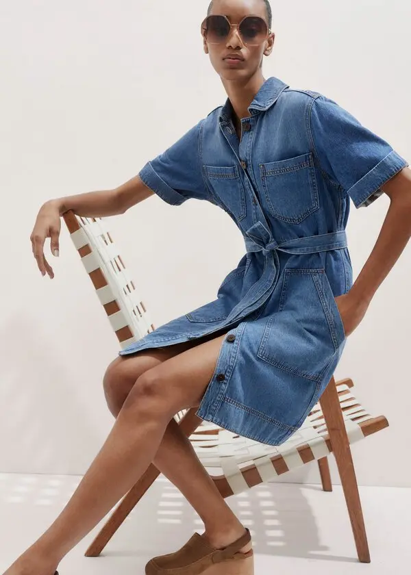 ME+EM Denim Shirt Dress With Belt - Mid Blue