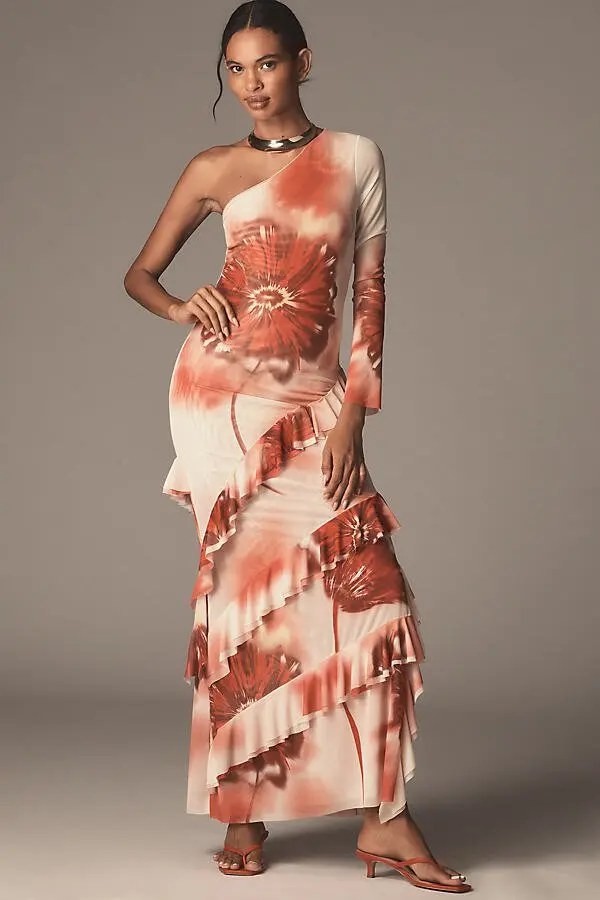 chinese dress ladies One Shoulder Multicolor Satin Maxi Dress – RAISA VANESSA INT