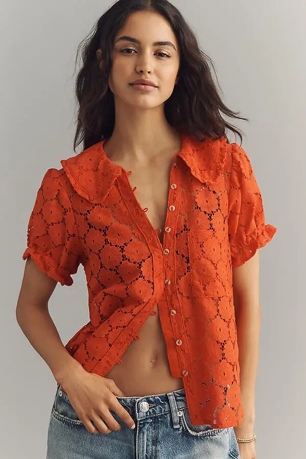 PILCRO Keira Lace Blouse - Spicy Orange