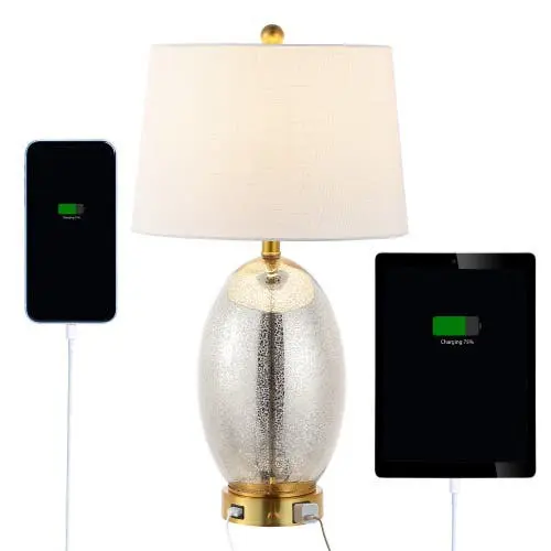 JONATHAN Y Reese 26.5" 1-outlet Contemporary Style Iron/glass Led Table Lamp With Usb Charging Port - Silver/brass Gold