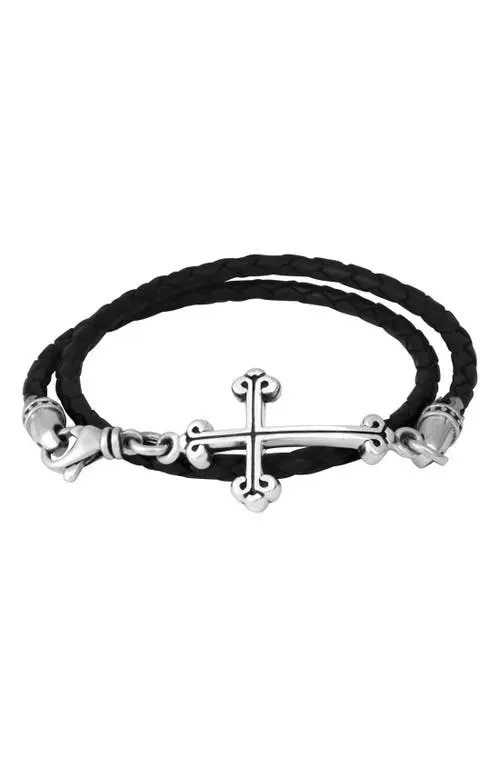 KING BABY STUDIO Braided Leather Cross Bracelet - Silver/black