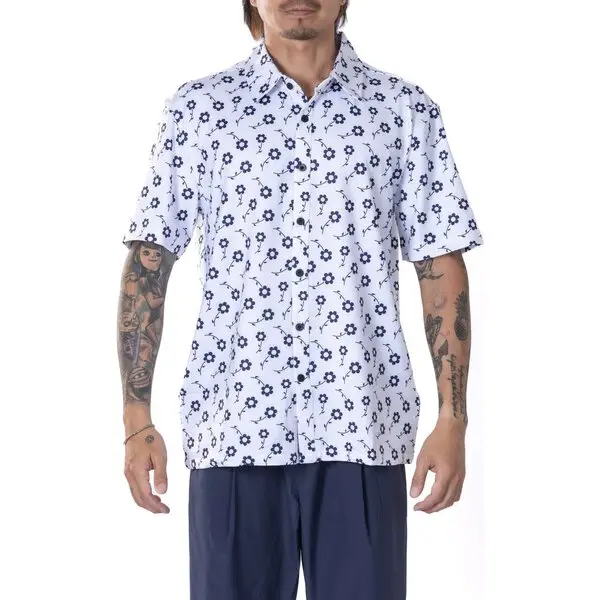 VAST Positive Floral Short Sleeve Performance Button-up Shirt - White