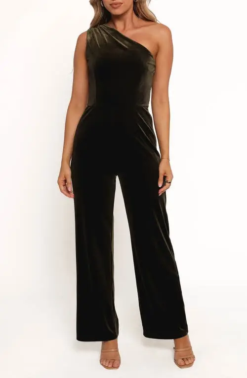 PETAL & PUP Xita Velvet One-shoulder Jumpsuit - Olive