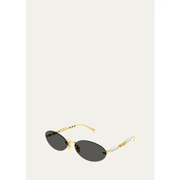 Gucci Rimless Metal Oval Sunglasses With Faux Pearls - Gold