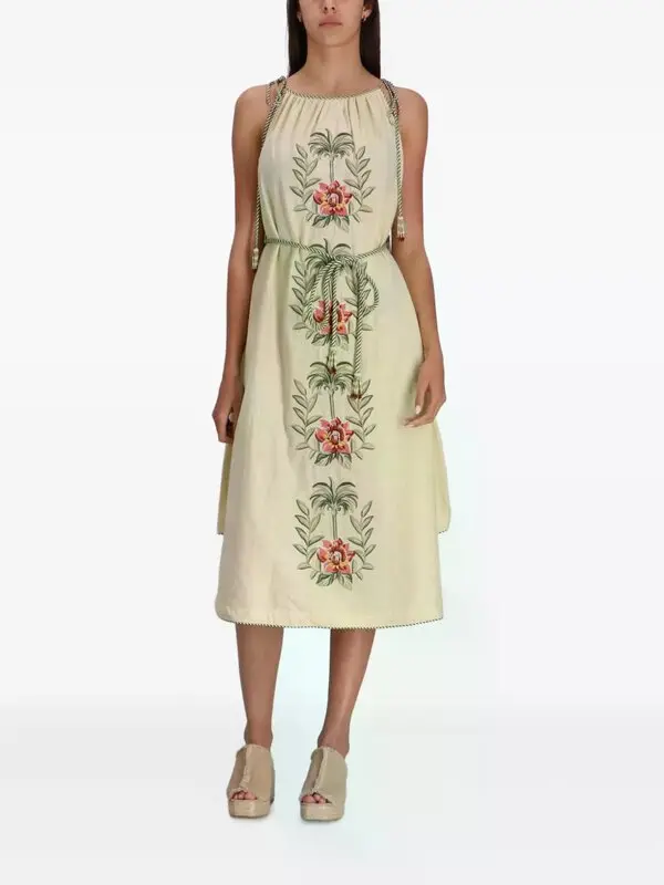Farm Rio Tropical Flower Embroidered Midi Dress - Neutrals