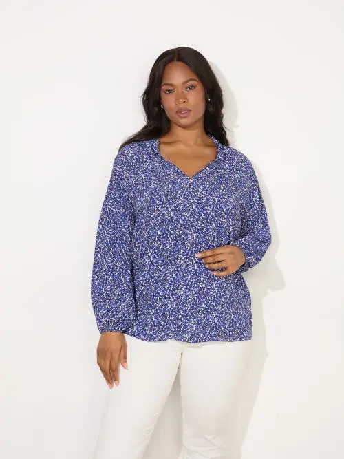 LIVE UNLIMITED Ditsy Shirred Raglan Sleeve Blouse - Blue Print