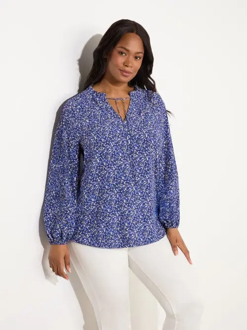LIVE UNLIMITED Ditsy Shirred Raglan Sleeve Blouse - Blue Print