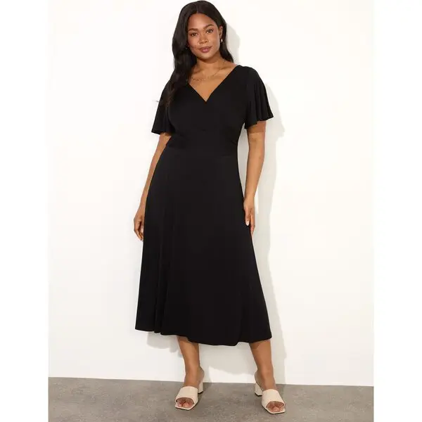 LIVE UNLIMITED Ditsy Jersey Flutter Sleeve Wrap Dress - Black