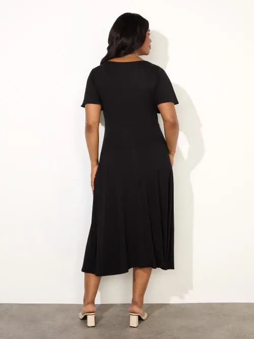 LIVE UNLIMITED Ditsy Jersey Flutter Sleeve Wrap Dress - Black