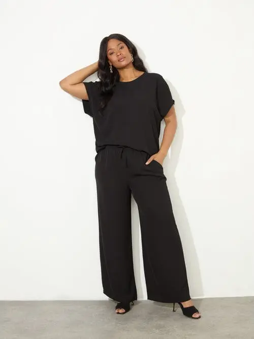 LIVE UNLIMITED Drawstring Waist Wide Leg Pants - Black