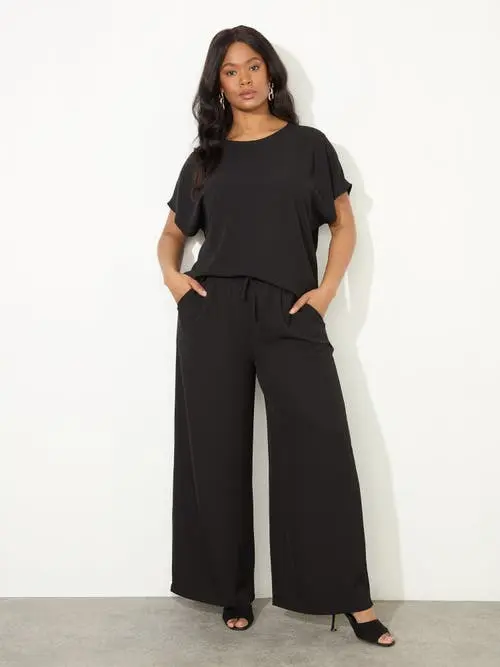 LIVE UNLIMITED Drawstring Waist Wide Leg Pants - Black