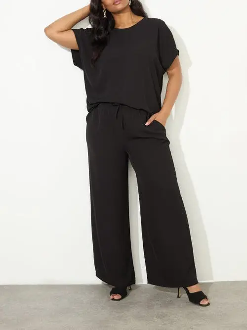 LIVE UNLIMITED Drawstring Waist Wide Leg Pants - Black