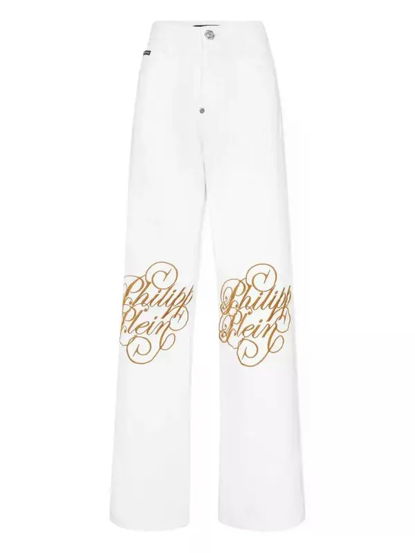 Philipp Plein Logo-embroidered Wide Leg Jeans - White