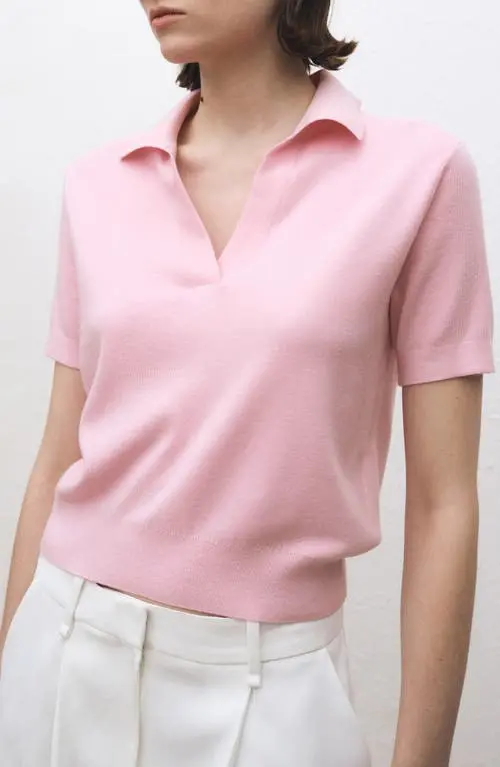 Mango Short Sleeve Cotton & Wool Polo Sweater - Pink