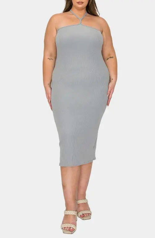 L I V D Sienna Halter Rib Midi Dress - Light Grey