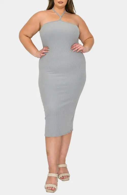 L I V D Sienna Halter Rib Midi Dress - Light Grey