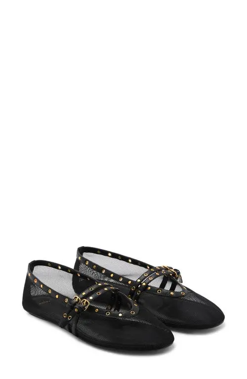 Mango Studded Buckle Strap Mesh Ballet Flats - Black