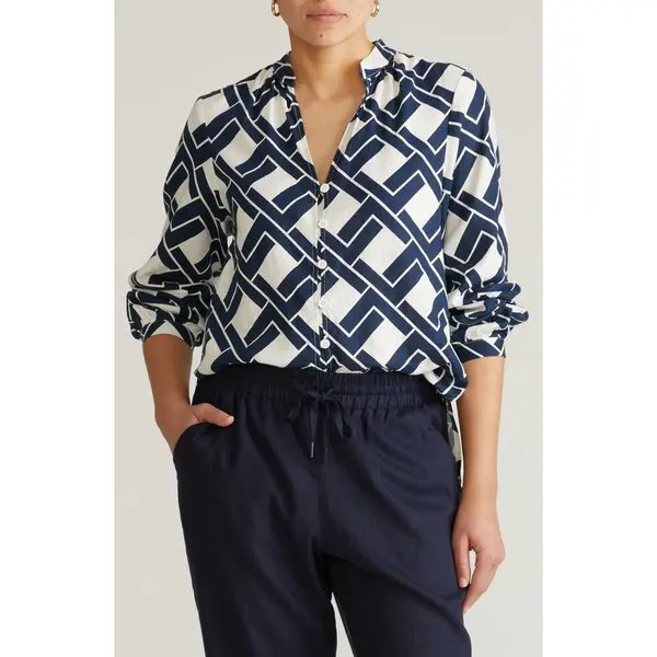 Universal Standard Aix Linen Blend Button-up Shirt - Geometrica Print