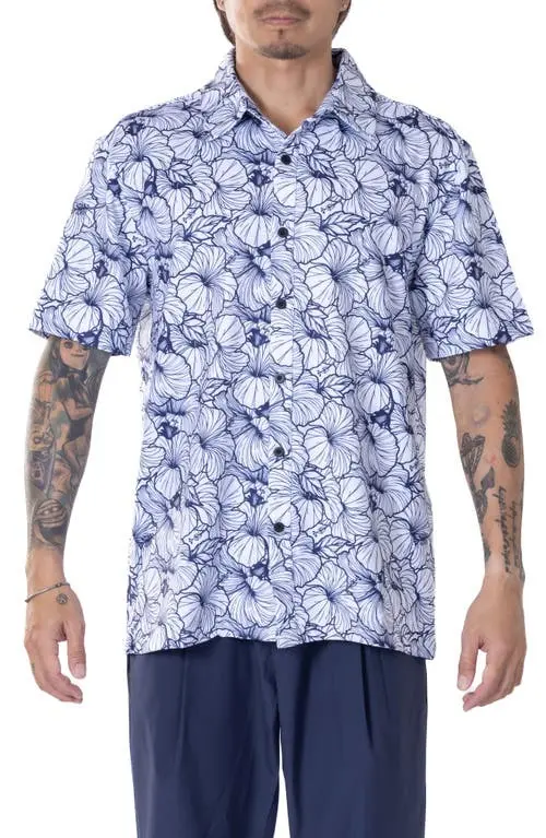 VAST Hibiscus Print Floral Short Sleeve Performance Button-up Shirt - White