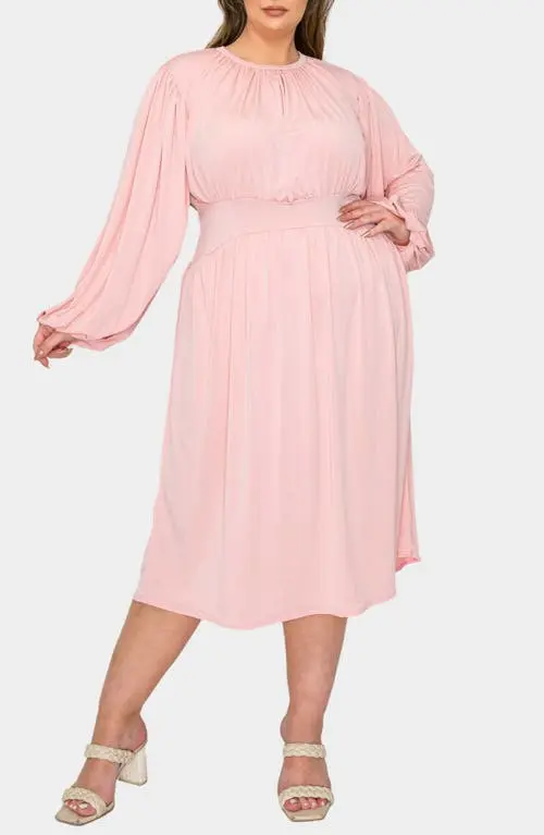 L I V D Audrey Gathered Long Sleeve Midi Dress - Blush