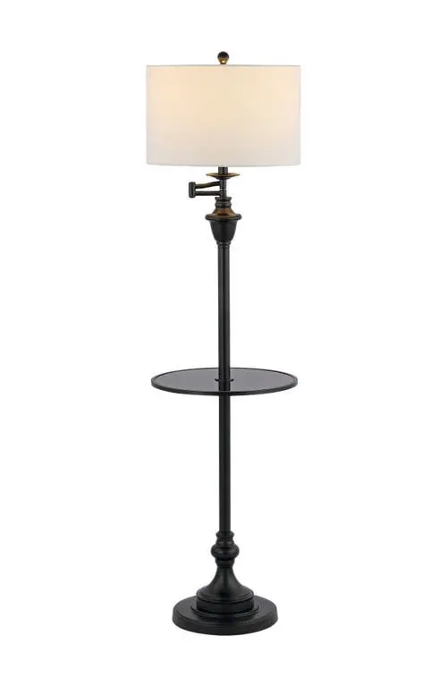 JONATHAN Y Cora Modern Metal Led Floor Lamp With Integrated Wood Side Table And Swing Arm - Black