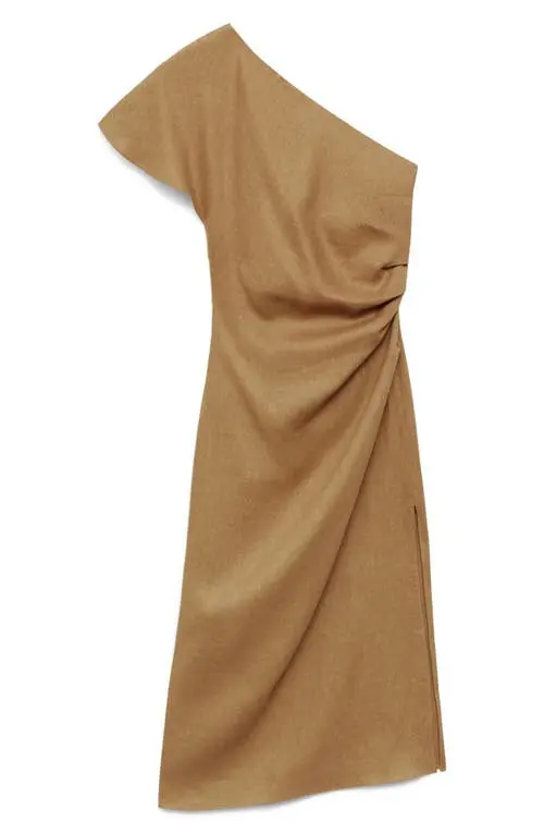 Mango One-Shoulder Linen Midi Dress In Medium Brown - 65% Off | Editorialist