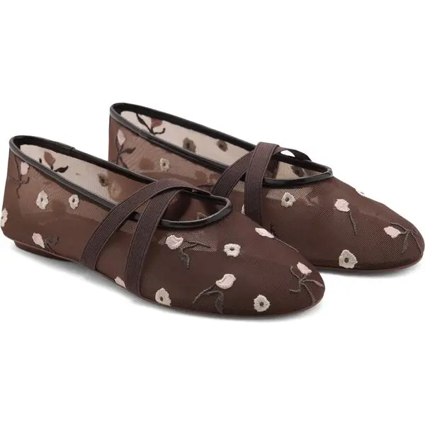 Mango Floral Embroidered Ballerina Flat With Cross Strap