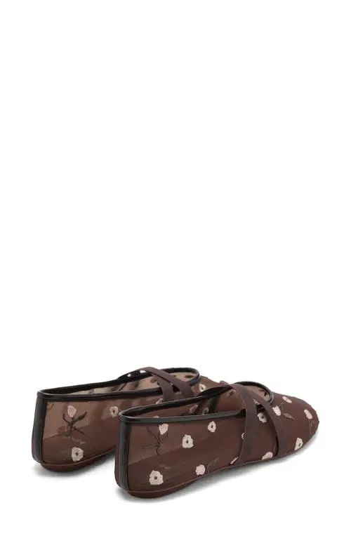 Mango Floral Embroidered Ballerina Flat With Cross Strap