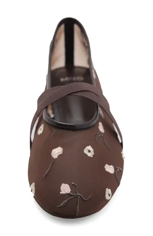 Mango Floral Embroidered Ballerina Flat With Cross Strap