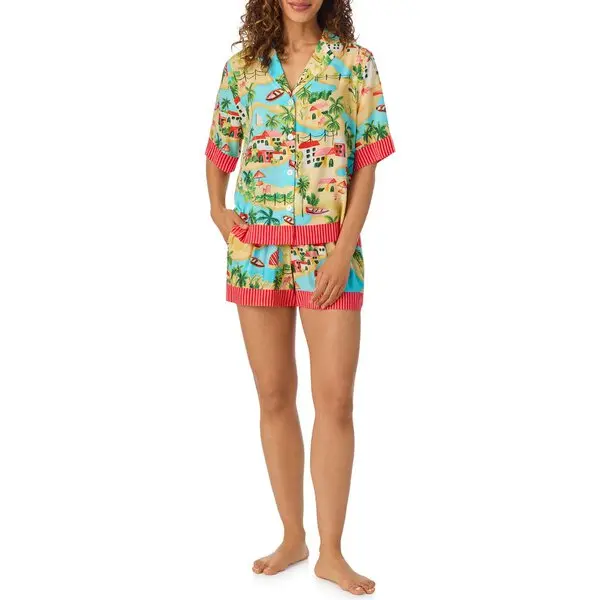 ROOM SERVICE Print Short Pajamas - Aqua Multi