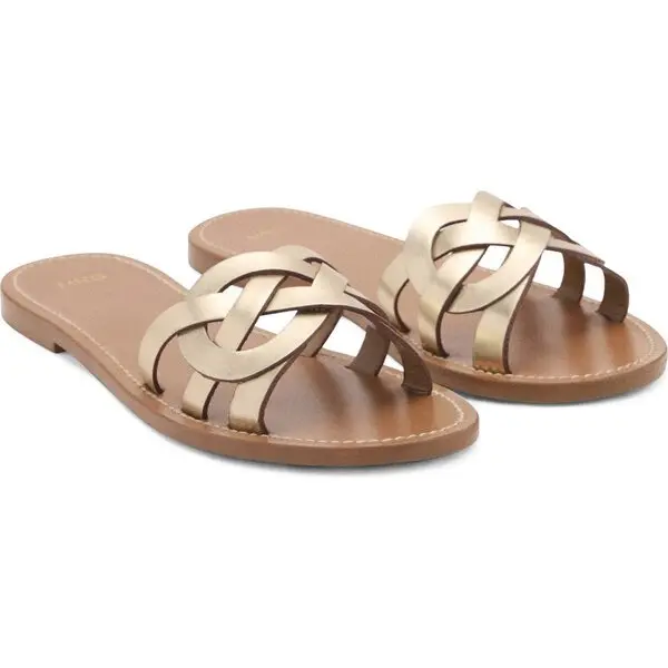 Mango Intertwined Strap Flat Leather Slide Sandal - Gold