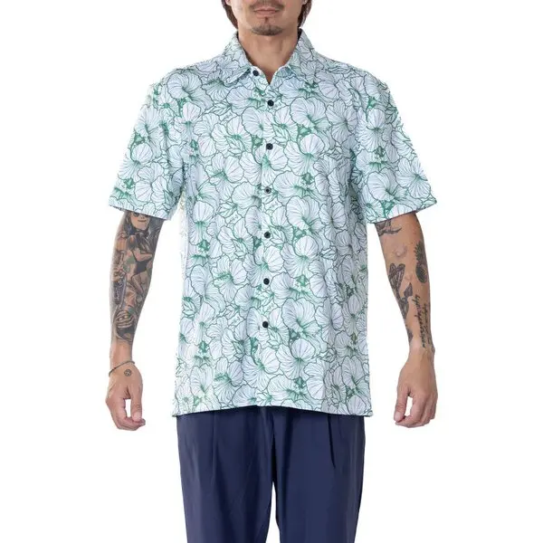 VAST Hibiscus Print Floral Short Sleeve Performance Button-up Shirt - Green