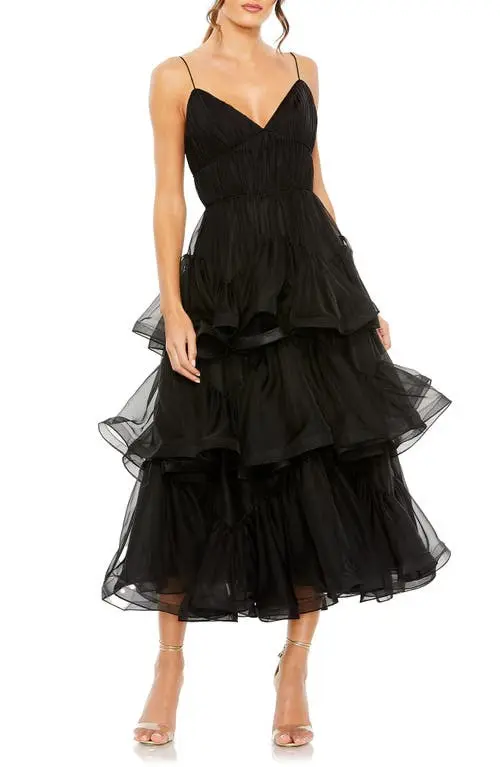 Mac Duggal V-neck Tiered Ruffle Midi Dress - Black