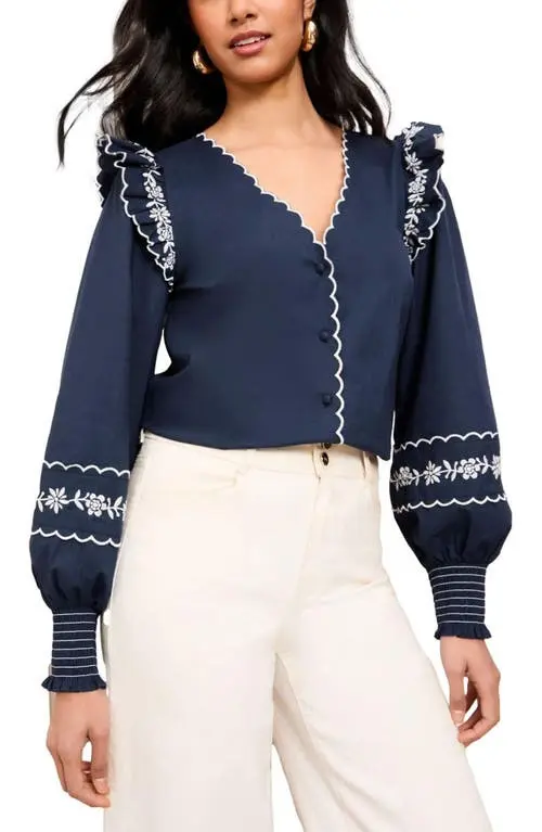 FRIENDS LIKE THESE Ruffle Embroidered Scallop Trimmed Top